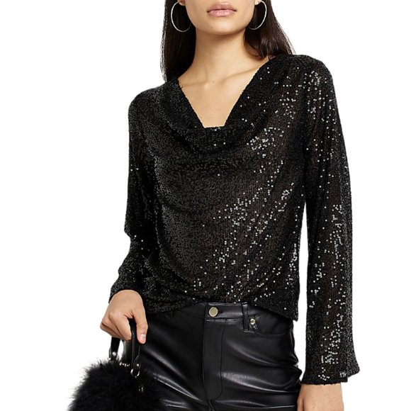 River Island | Tops | River Island London Sequin Long Sleeve Top Black ...